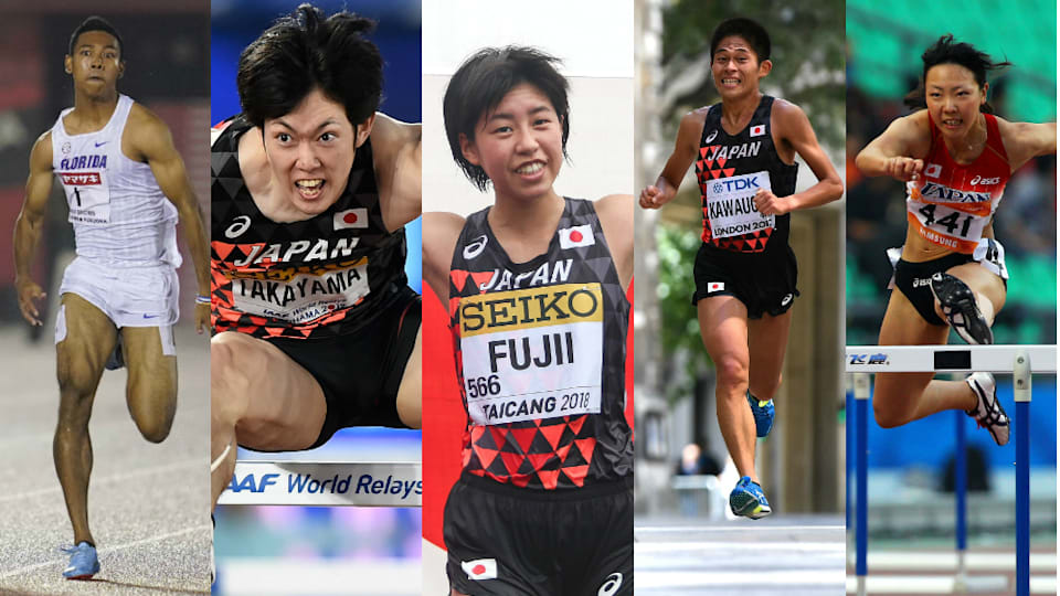 左から100Mのサニブラウン、110Mハードルの高山峻野、競歩の藤井菜々子、マラソンの川内優輝、100Mハードルの寺田明日香。各種目で日本人選手たちが世界に挑む