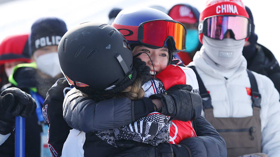 Chloe KIm and Eileen Gu share moment and big hug at Beijing 2022 Olympics