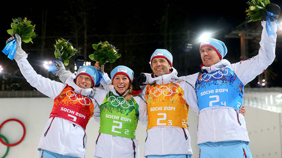 Norway power to gold in debut mixed relay as Bjørndalen sets new ...