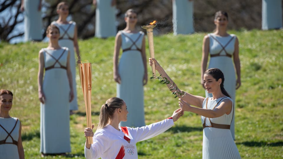 Anna Korakaki receives the flame at the Olympic Torch lighting ceremony ...