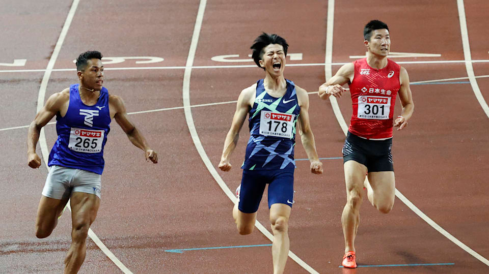 TADA Shuhei hangs on for men's 100m victory at national athletics ...