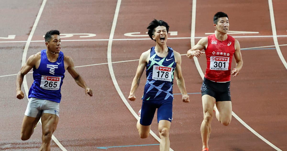 TADA Shuhei hangs on for men's 100m victory at national athletics ...