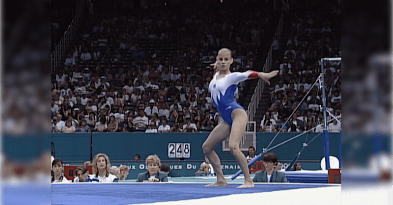 Cecile Landi (née Canqueteau) competes on floor exercise at Atlanta 1996